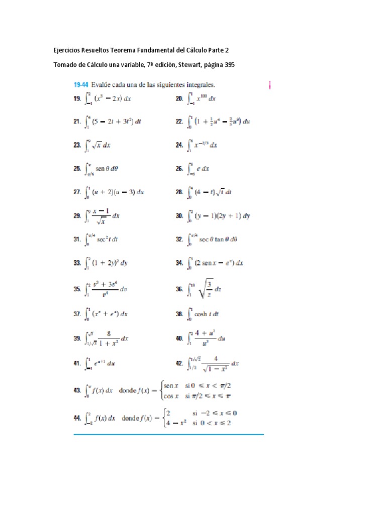 Ejercicios Resueltos Teorema Fundamental Del Cálculo Parte 2 | PDF | Integral | Sustracción