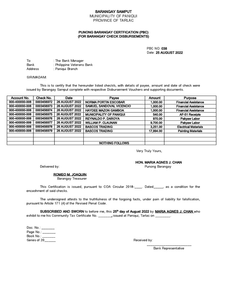Barangay Samput PBC for Check Disbursements | PDF | Payments | Debit Card