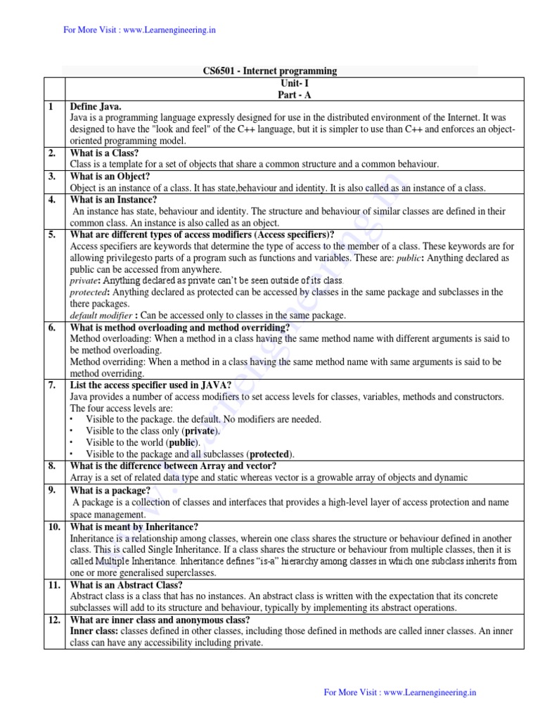 Internet Programming CS8651 2 Marks & Part B | PDF | Class (Computer Programming) | Inheritance ...