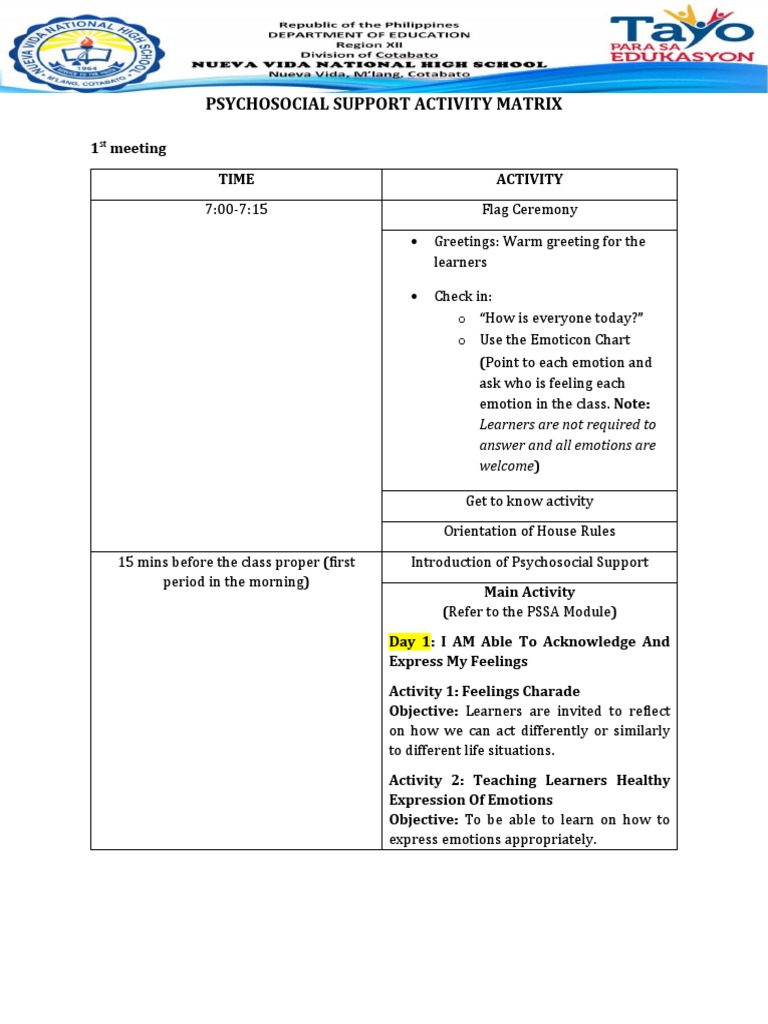 Psychosocial Support Activity Matrix: Learners Are Not Required To ...