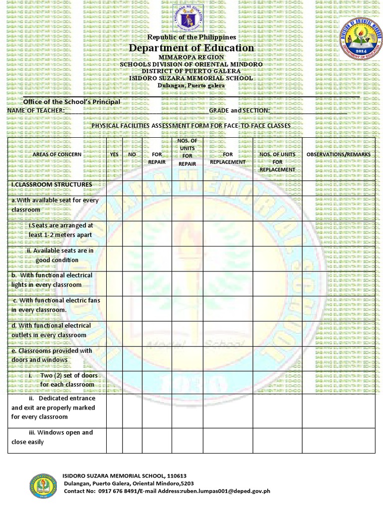 Physical Facilities Assessment Form For Face To Face Classes 1 | PDF ...