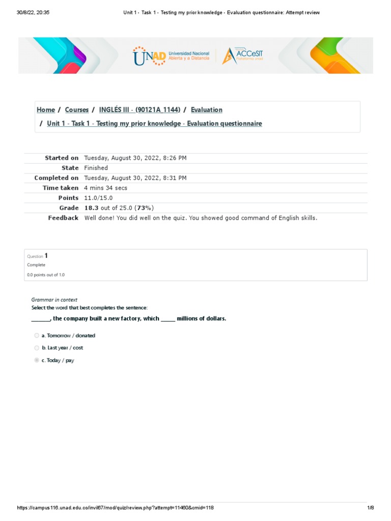 Unit 1 - Task 1 - Testing My Prior Knowledge - Evaluation Questionnaire ...
