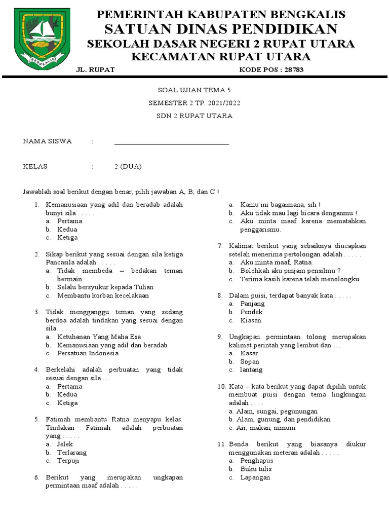 Soal Ujian Kelas 2 Tema 5 Dan 6 | PDF