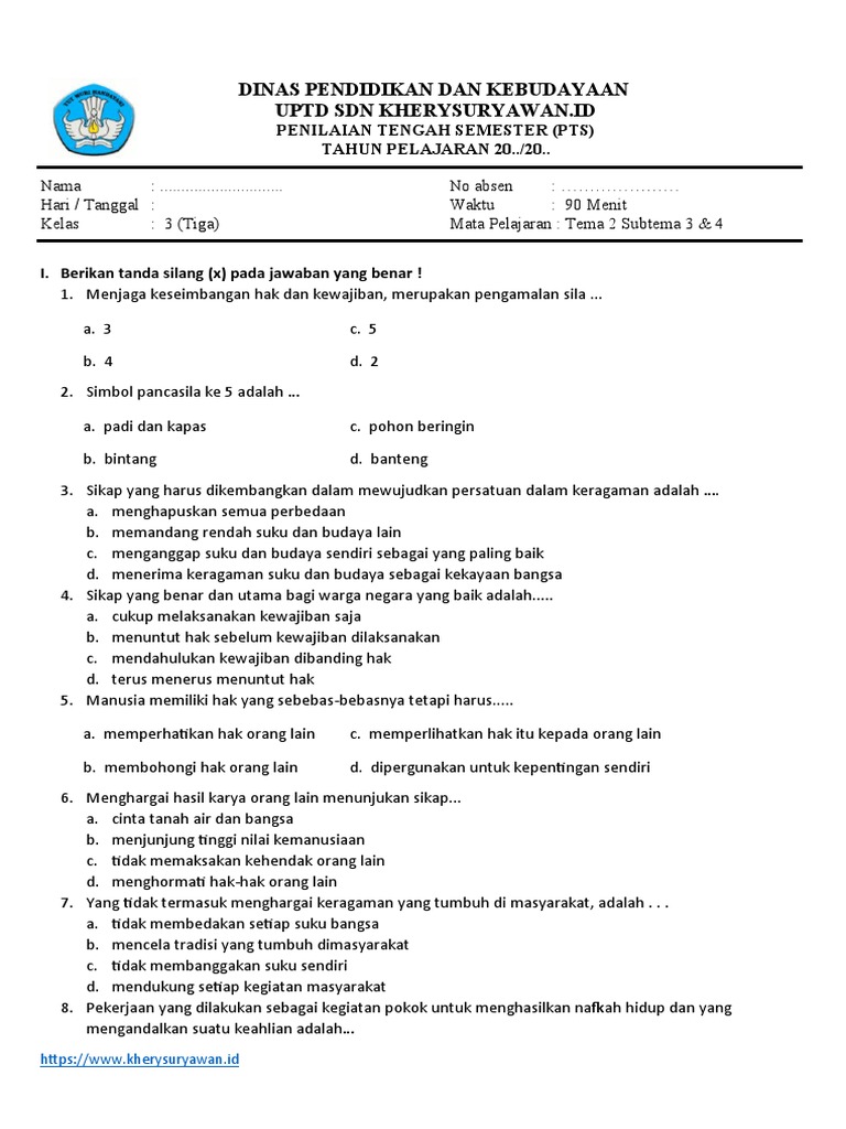 Soal PTS Kelas 3 Tema 2 Sub 3&4 - (WWW - Kherysuryawan.id) | PDF
