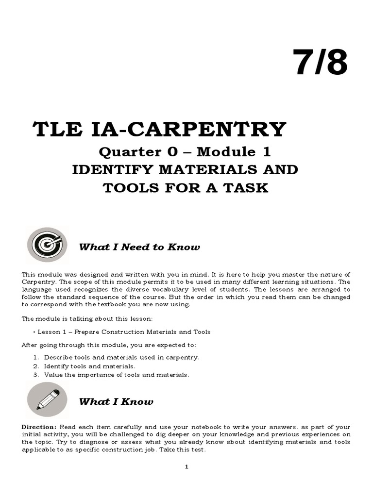 PDF Q0 Module 1 Carpentry 7 8 | PDF | Carpentry | Drill