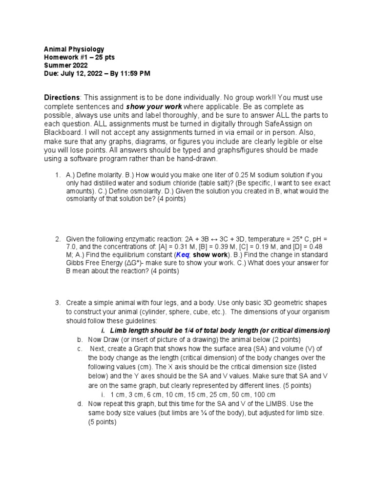 Homework For Animal Physiology | PDF | Pascal (Unit) | Physical Chemistry