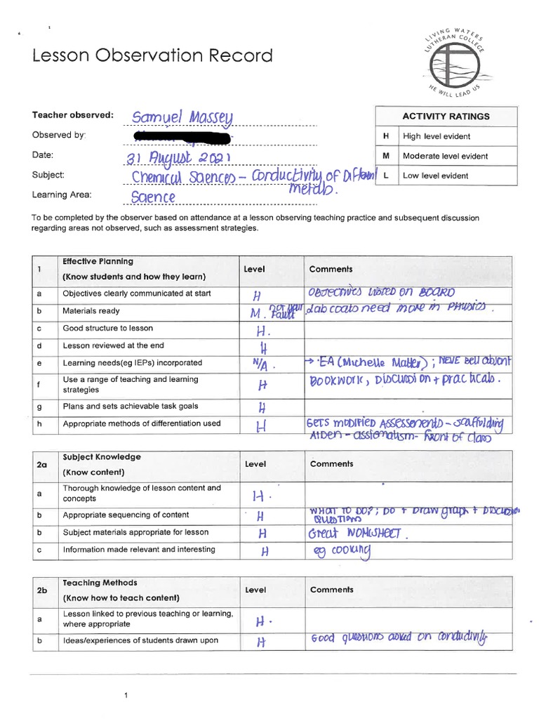 Lesson Observation Record - S | PDF