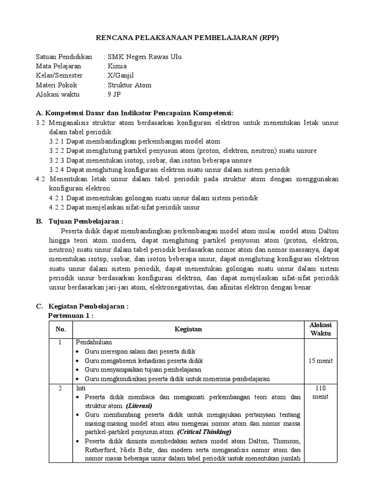 RPP Kimia Kelas X: Struktur Atom | PDF