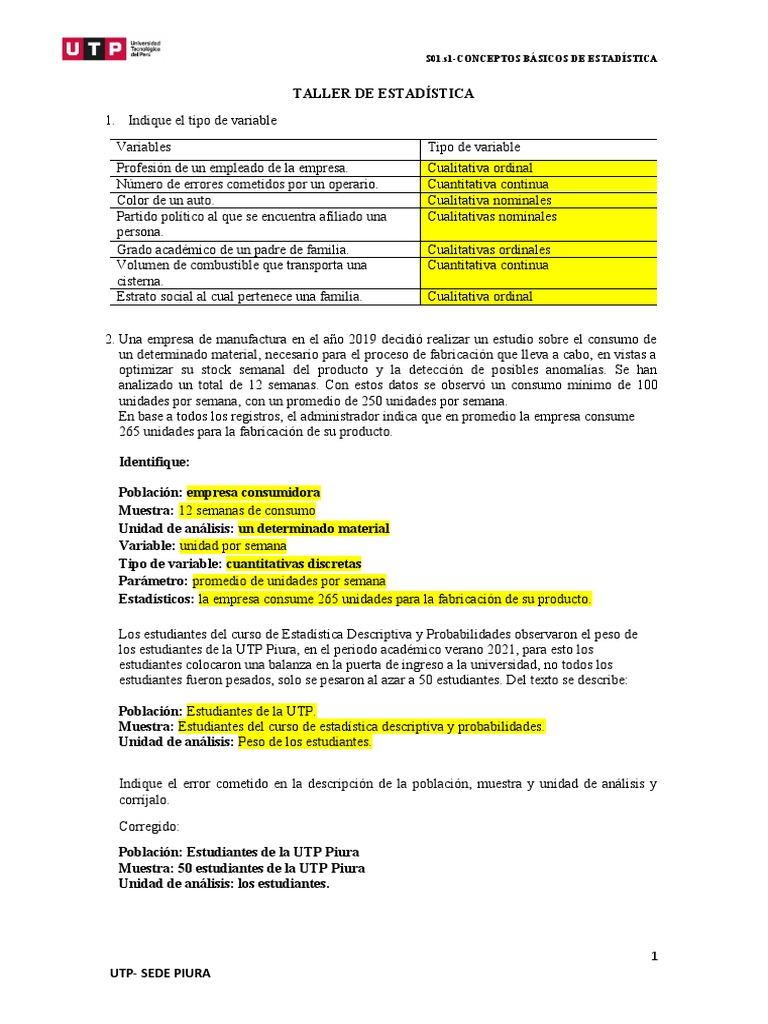 S01.s1. TALLER DE ESTADÍSTICA | PDF | Estadísticas | Estadísticas descriptivas