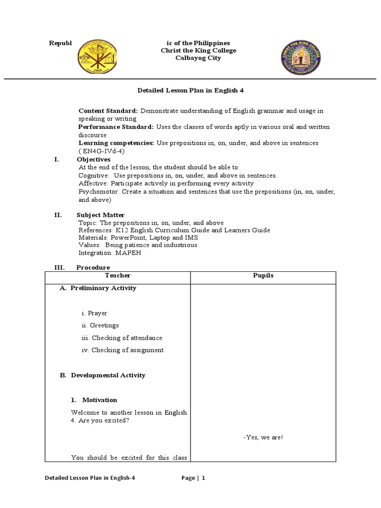 Detailed Lesson Plan in English 4 - TEACHERS | PDF | Lesson Plan ...