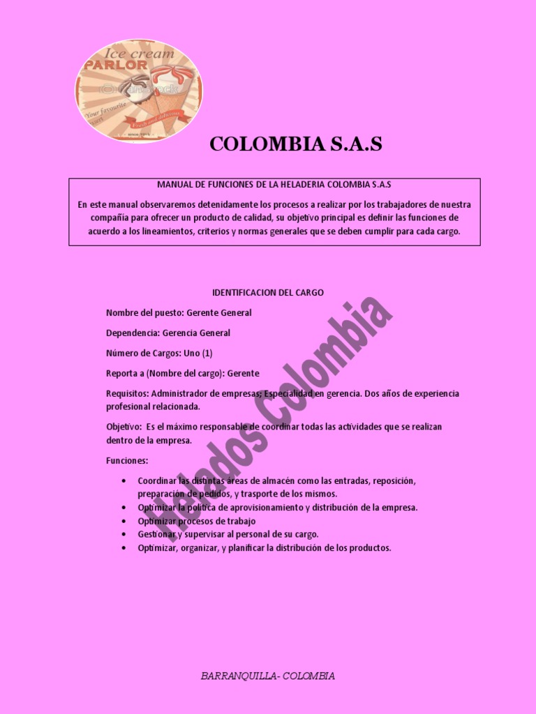 Manual de Funciones Heladería Colombia S.A.S | PDF | Logística ...