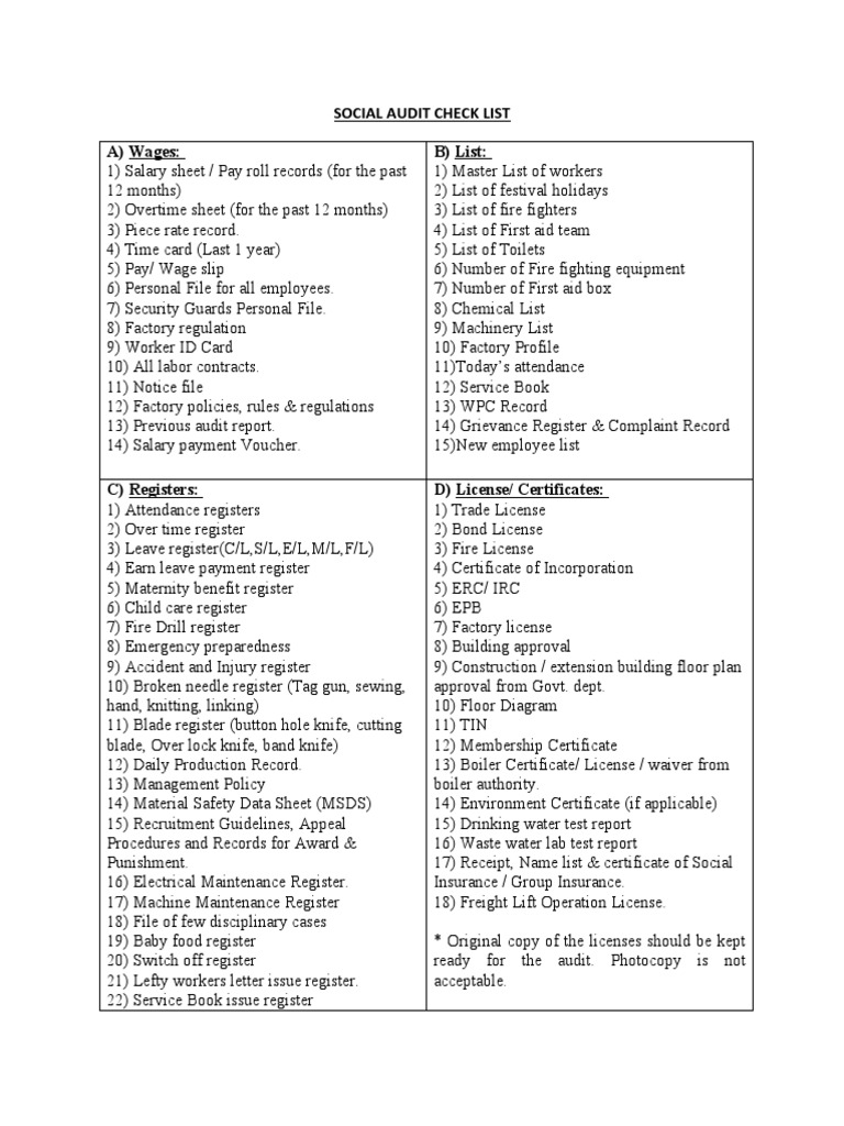 Social audit checklist for factory compliance | PDF | Salary | Employment