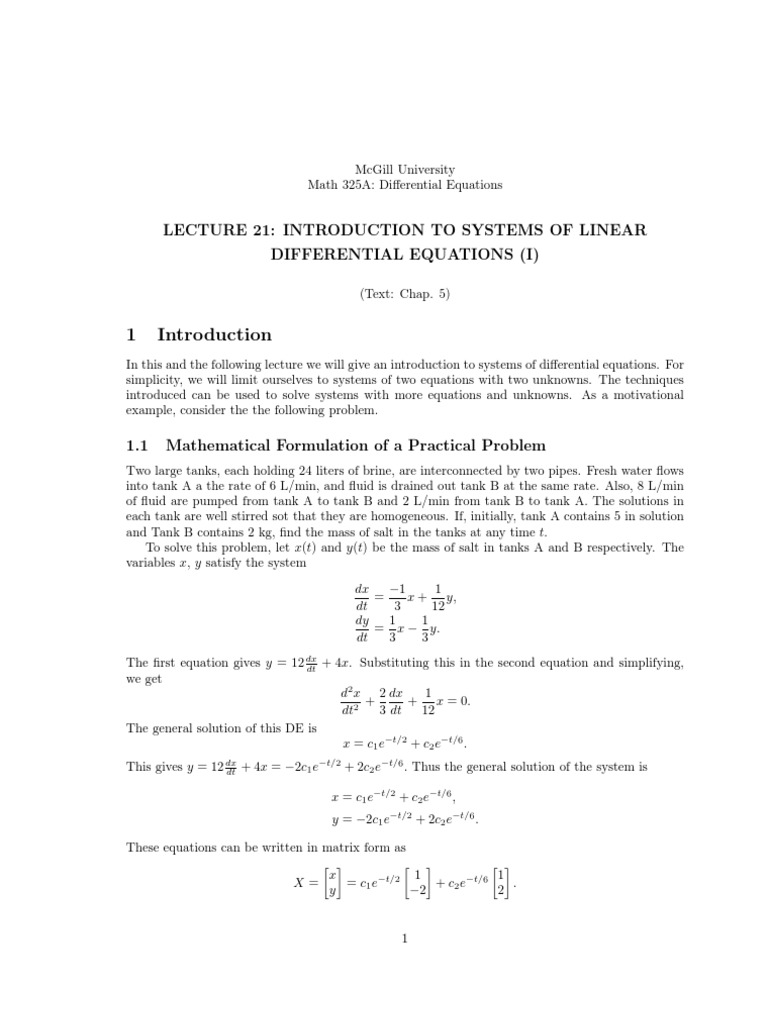 Lecture 21: Introduction To Systems of Linear Differential Equations (I ...
