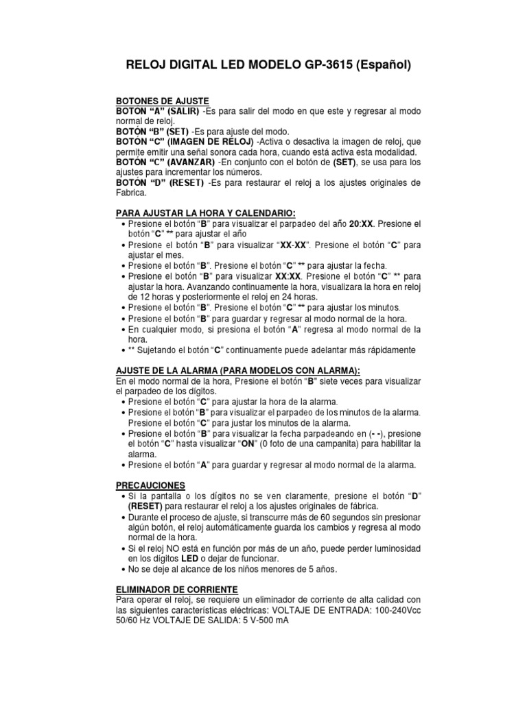 Manual de Usuario Reloj Digital LED de Pared GP-3615 | PDF | Reloj ...