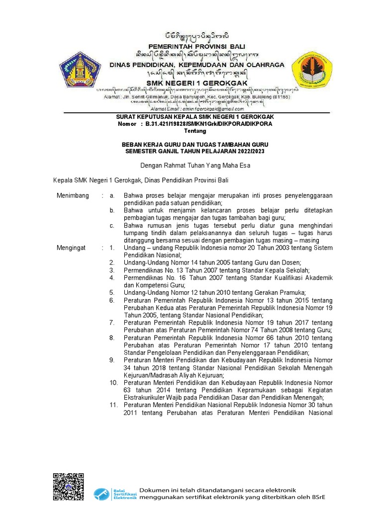 SK Pembagian Tugas 2022-2023 | PDF