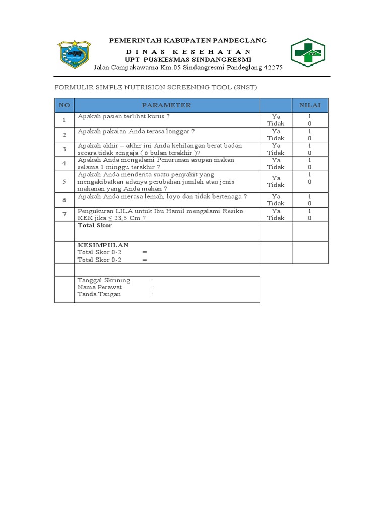 Form Simple Nutrision Screening Tool (SNST) | PDF