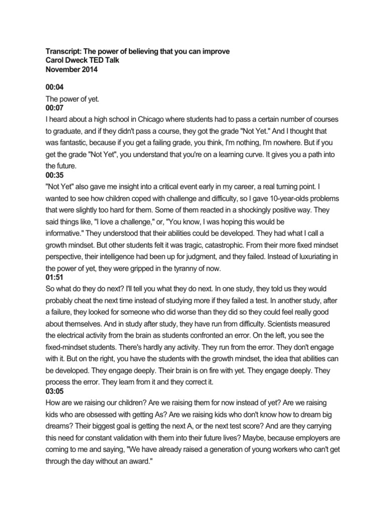 Transcript Dweck - 1960649121 | PDF | Mindset | Cognition