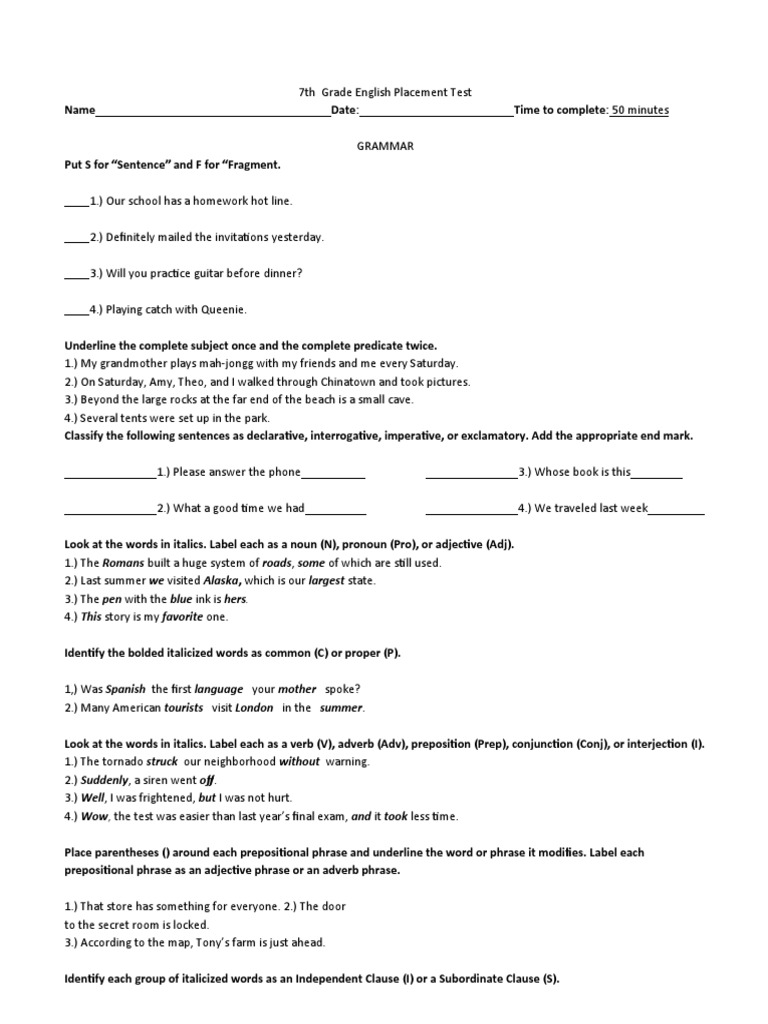 7th Grade English Diagnostic Test | PDF | Adverb | Predicate (Grammar)