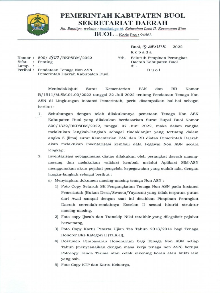 Surat Pendataan Tenaga Non ASN Kab. Buol 2 | PDF