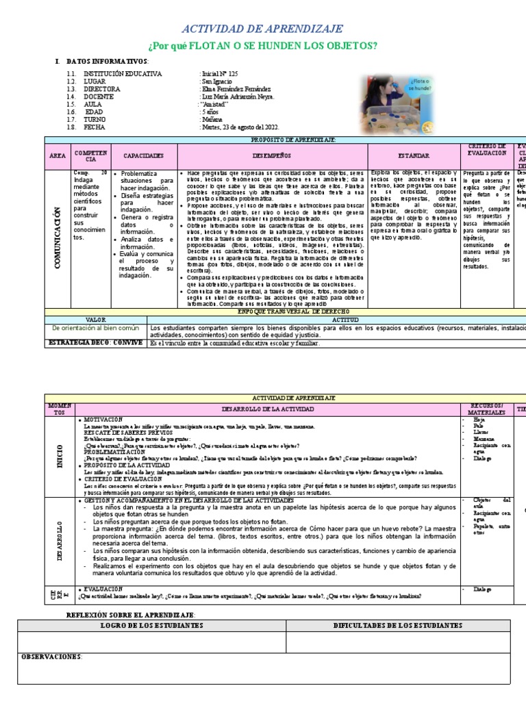 Objetos que flotan y se hunden: Actividad educativa | PDF | Aprendizaje ...