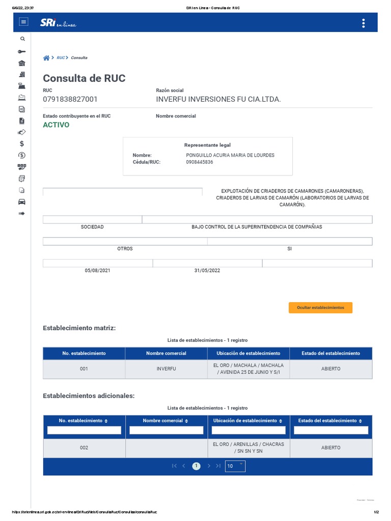 SRI en Línea - Consulta de RUC - Inverfu | PDF