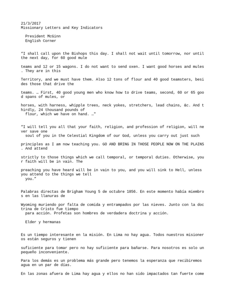 Missionary Letters and Key Indicators | PDF | Lima