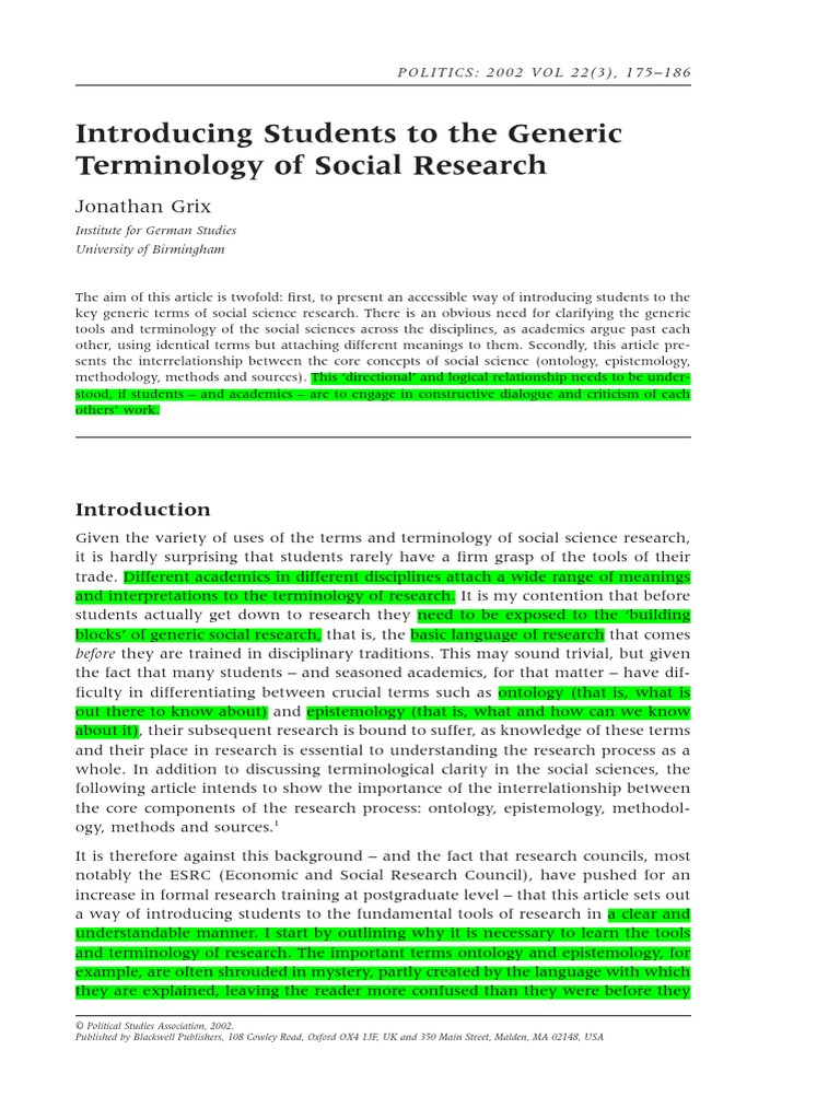 Grix (2002) Introducing Students To The Generic Terminology of Social ...