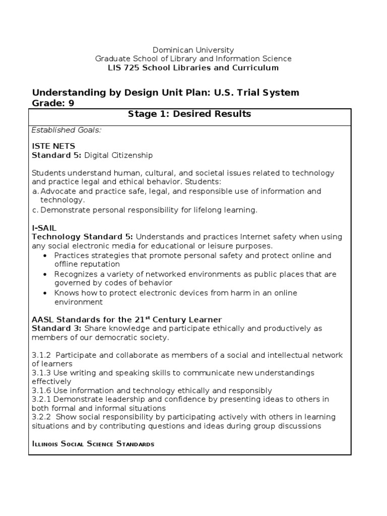 Understanding by Design Unit Plan: U.S. Trial System Grade: 9 Stage 1 ...