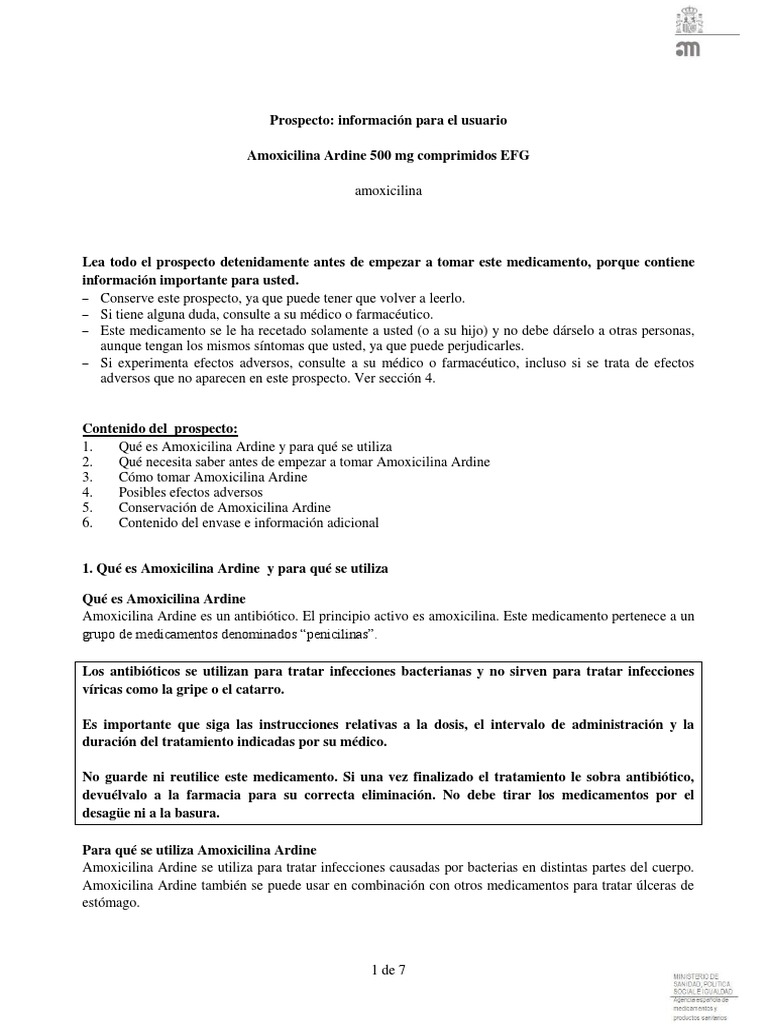 Prospecto de Amoxicilina Ardine 500 mg | PDF | Medicamentos con receta ...