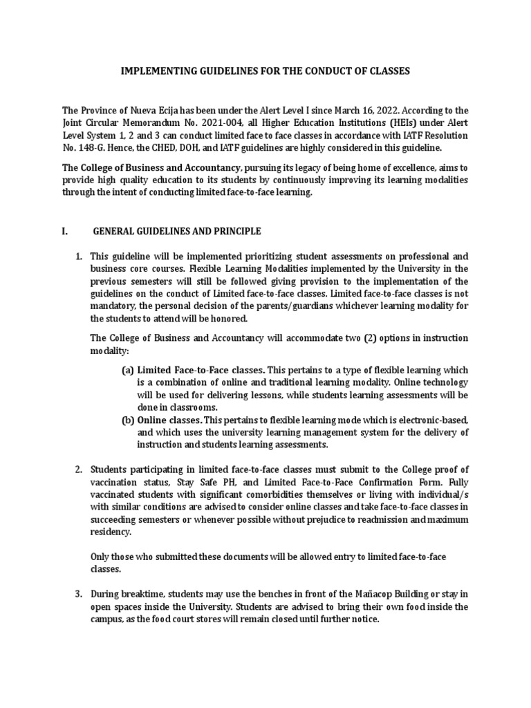 Implementing Guidelines For The Conduct of Classes 21 22 | PDF ...