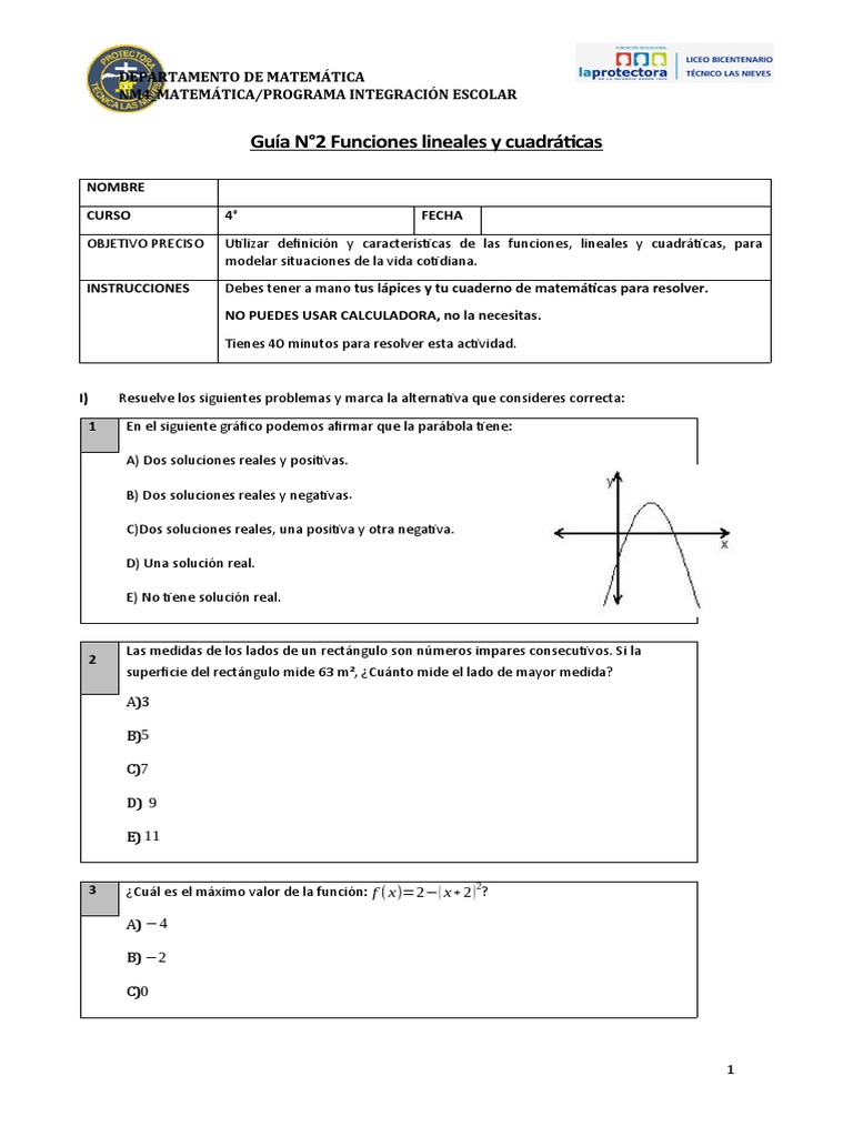 Guía 2 Función Lineal y Cuadrática | PDF | Integral | Pendiente
