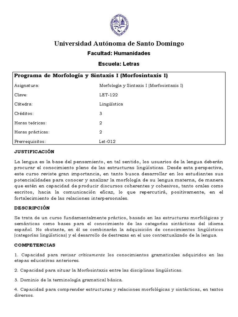 Programa de Morfosintaxis I (Let. 122) | PDF | Oración (Lingüística) | Verbo