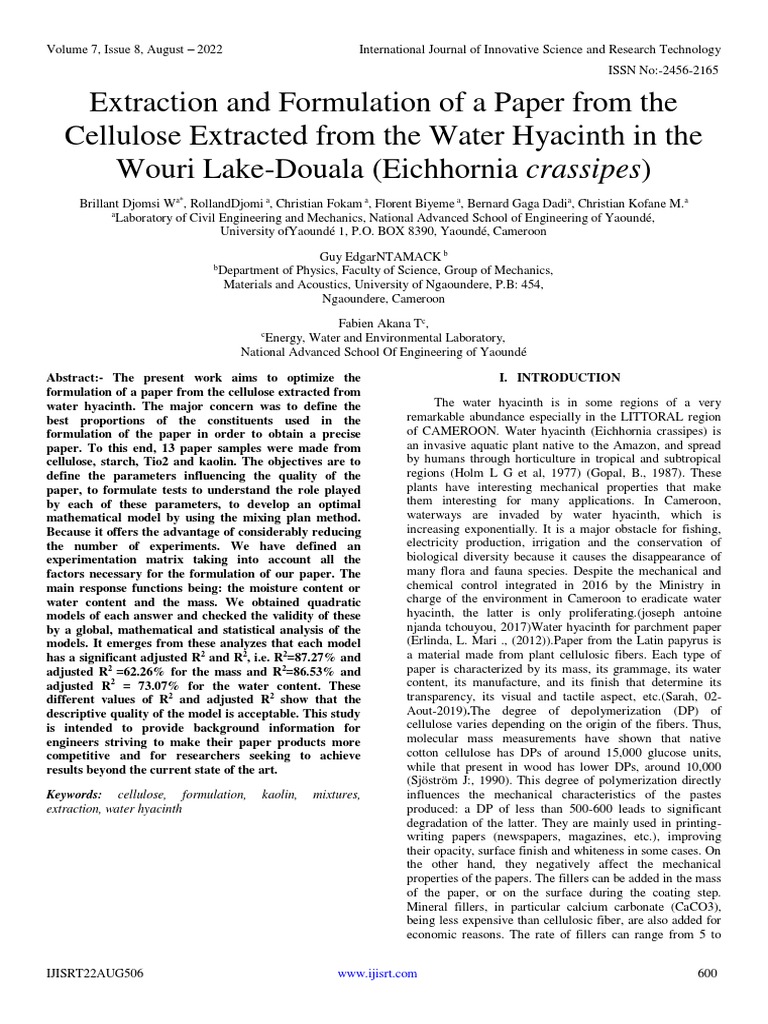 Extraction and Formulation of A Paper From The Cellulose Extracted From ...