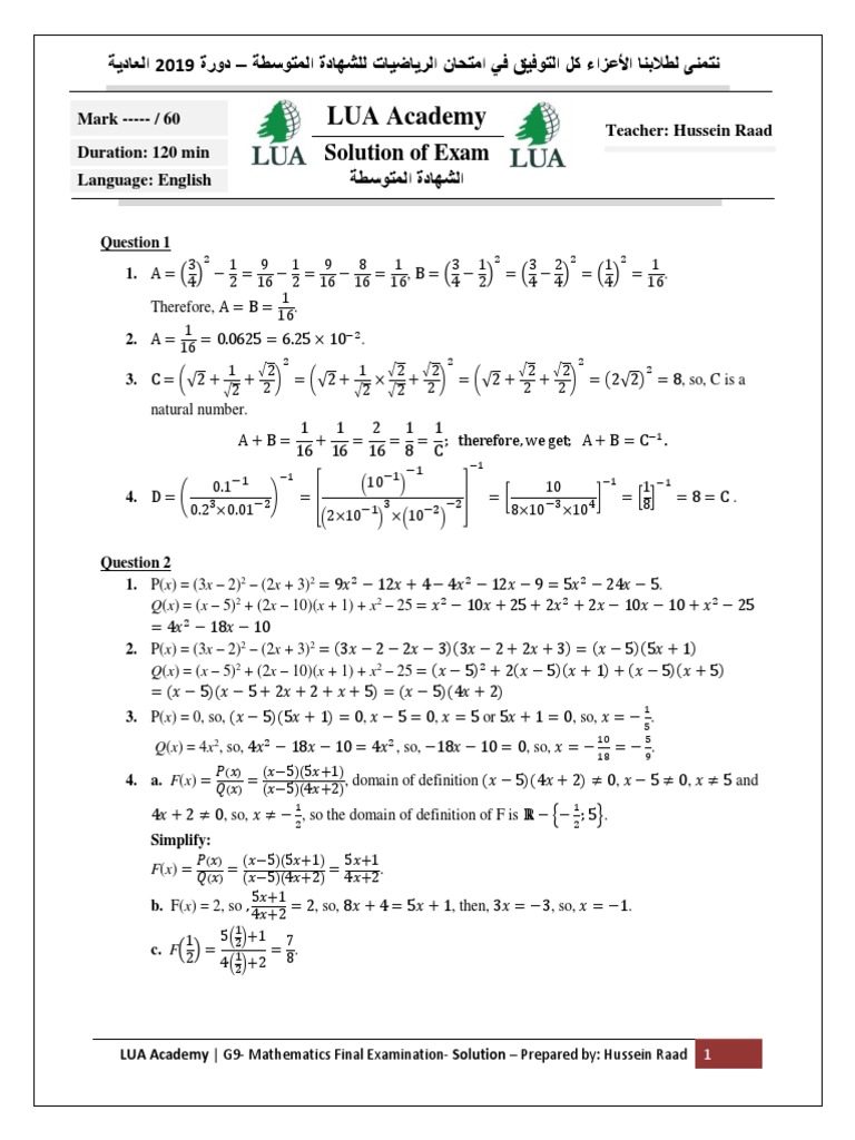 G9 Math Exam Solutions 2019 | PDF | Perpendicular | Triangle