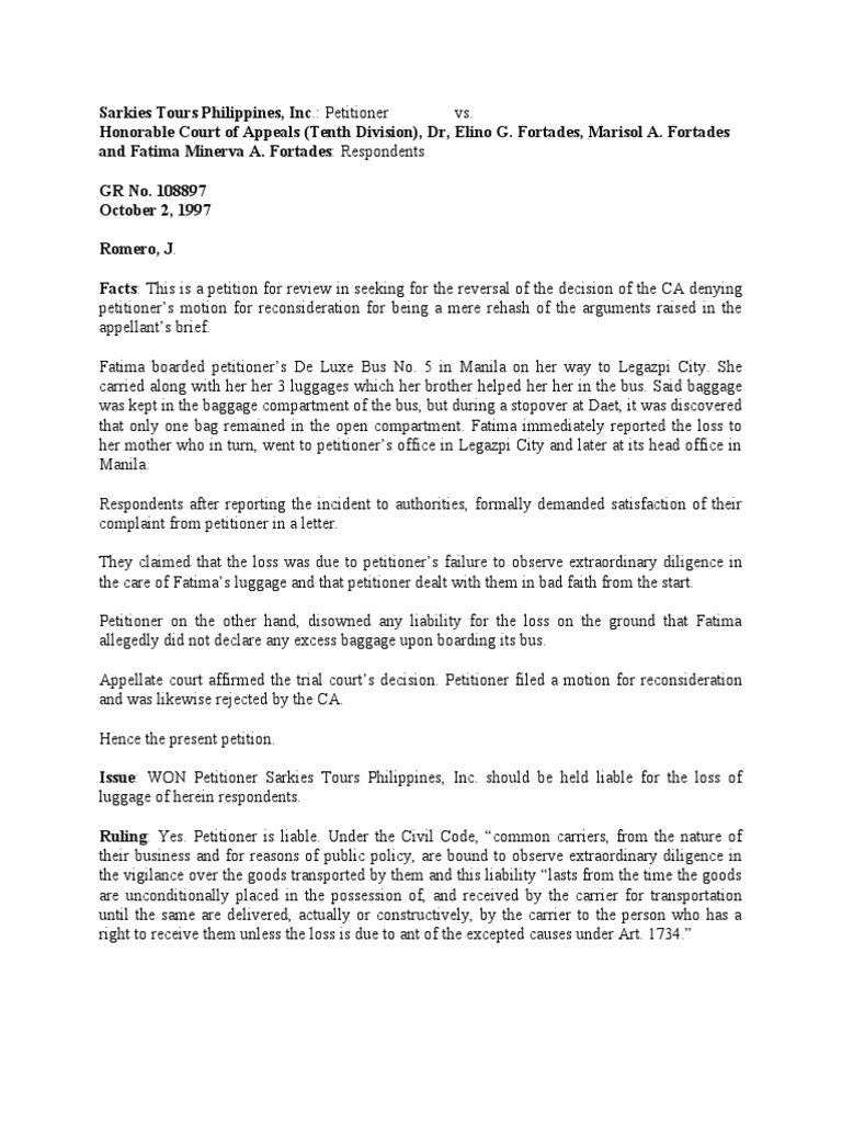 Sarkies Tours Liability for Lost Luggage | PDF | Baggage | Appeal