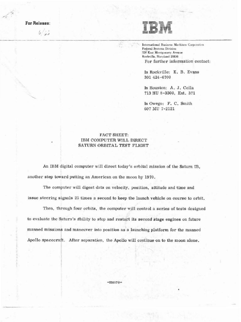 Fact Sheet IBM Computer Will Direct Saturn Orbital Test Flight | PDF ...