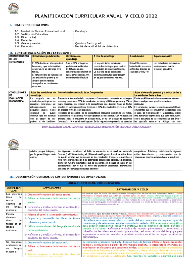 Plan Curricular 2022: Quinto y Sexto Grado | PDF | Números | Aprendizaje