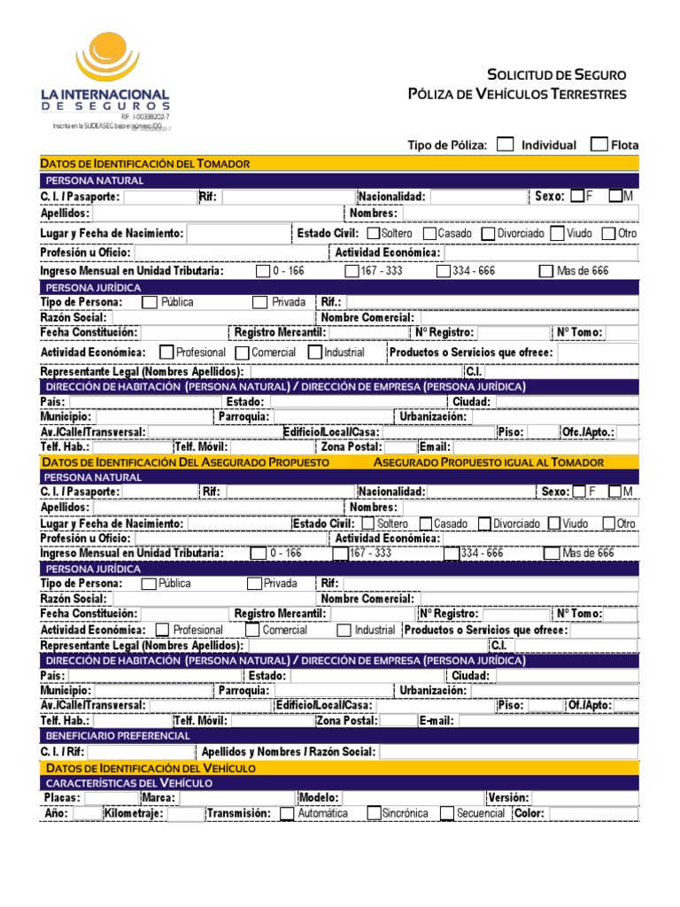 Solicitud-Seguro-de-Automóvil Editable | PDF | Póliza de seguros | Seguro