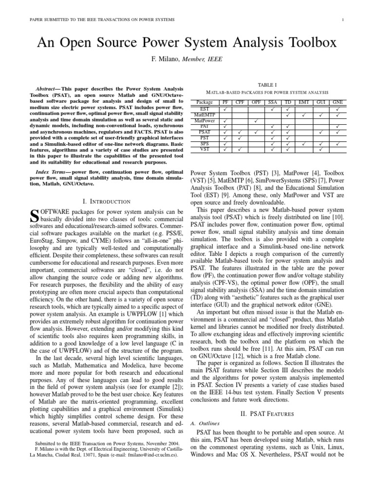 An Open Source Power System Analysis Toolbox: F. Milano, Member, IEEE | PDF