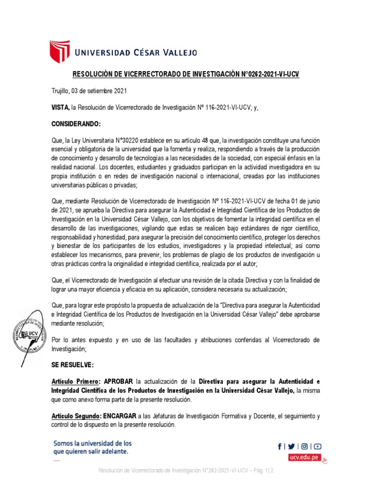 RVI N°262-2021-VI-UCV Aprueba Actualización Directiva Asegurar La ...