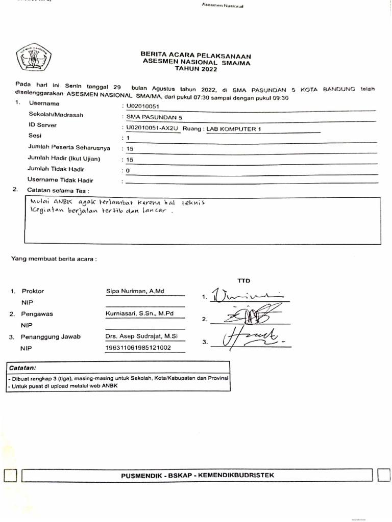Berita Acara Pelaksanaan ANBK Sesi 1 | PDF