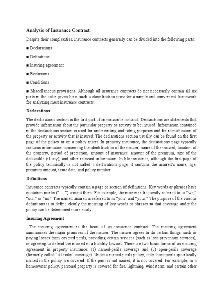Insurance Contract Analysis: Key Parts and Purposes | PDF | Insurance ...