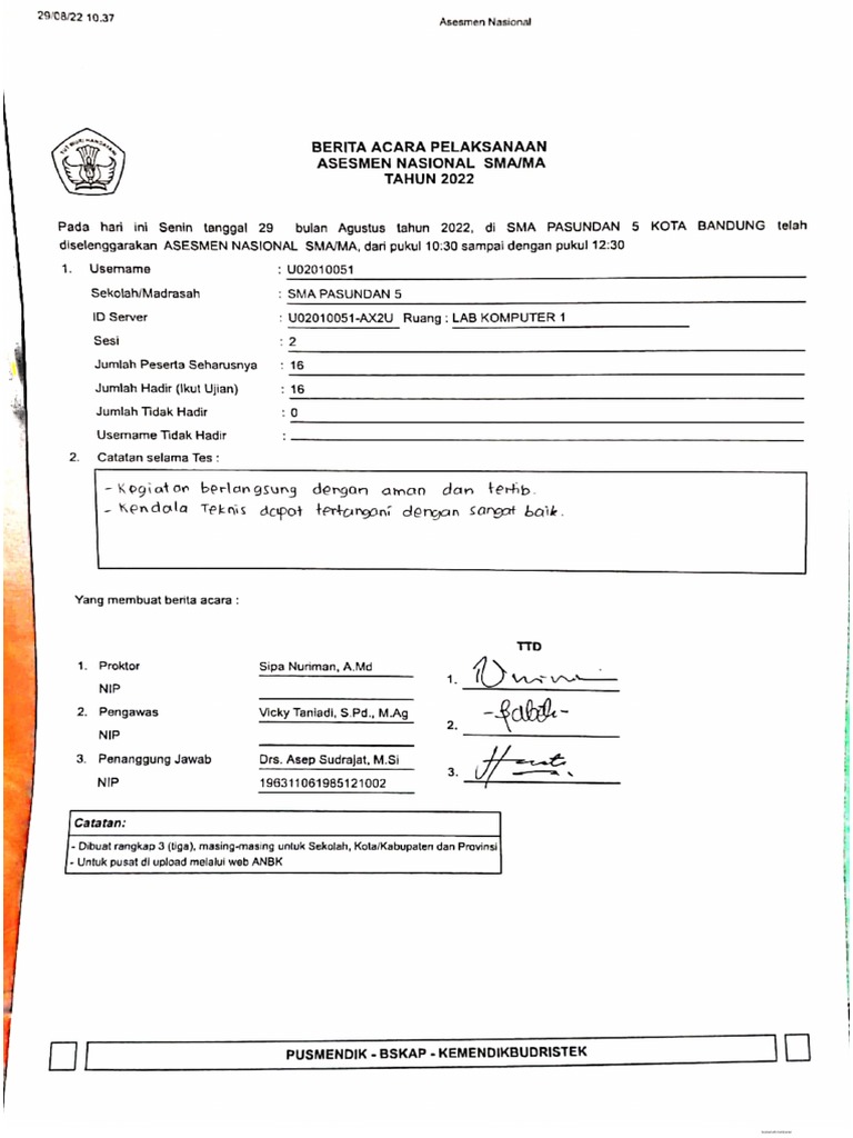 Berita Acara Pelaksanaan ANBK Sesi 2 | PDF