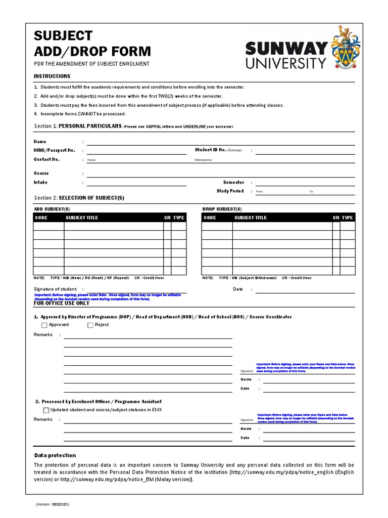 10022021Sun-U Subject Add Drop Form | PDF | Course Credit