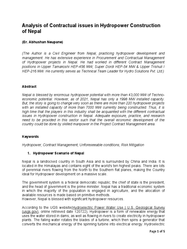Analysis of Contractual Issues in Hydropower Construction of Nepal ...