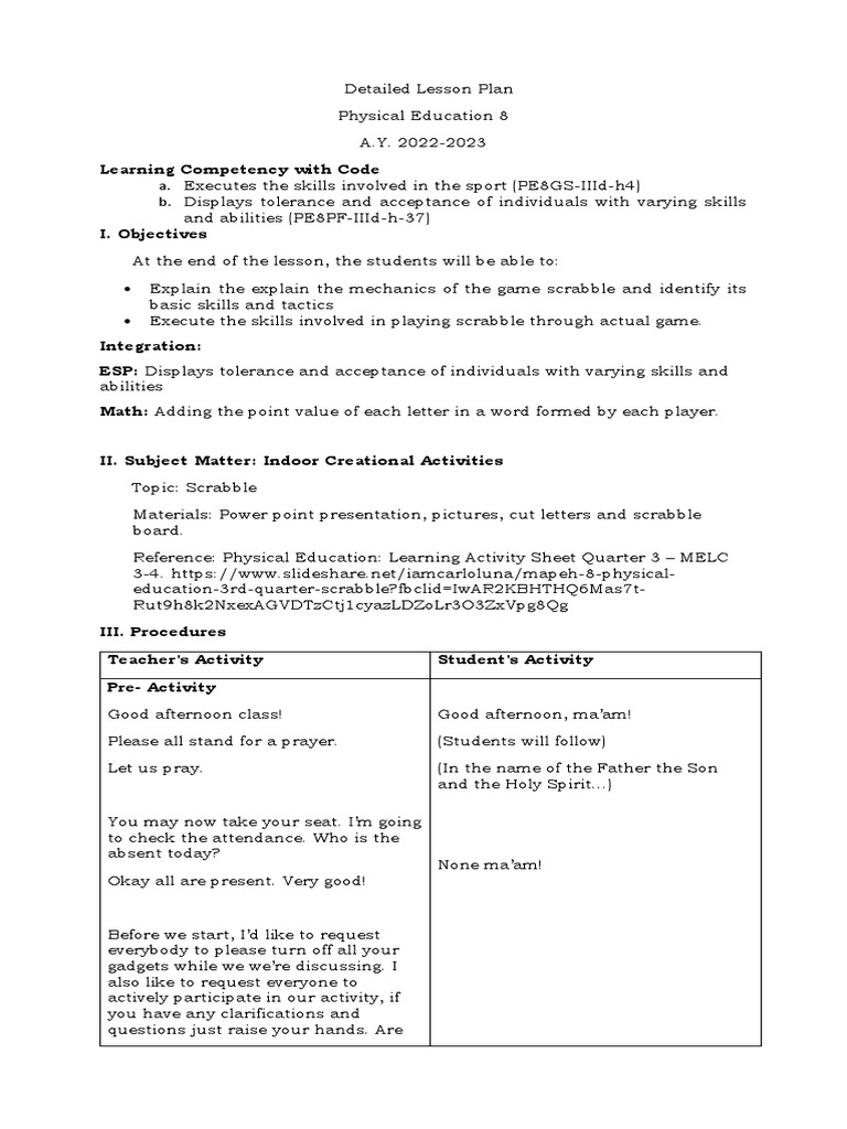Indoor Recreational Activities: A Detailed Lesson Plan on Playing ...