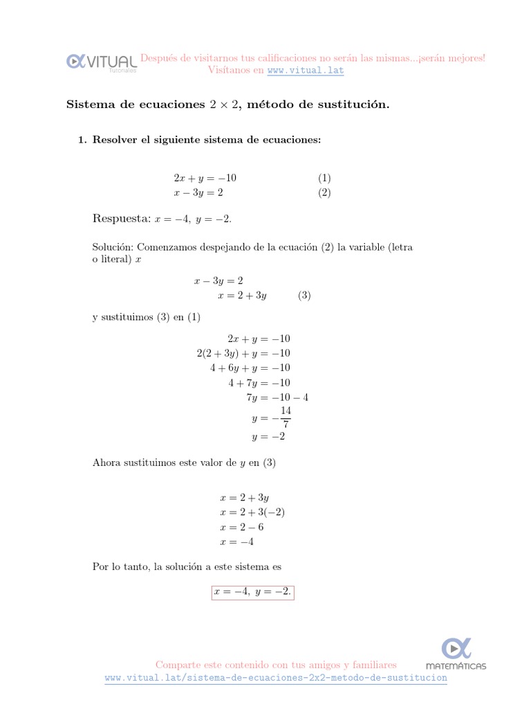 Sistema De Ecuaciones 2x2 Metodo De Sustitucion Pdf Ecuaciones 4833