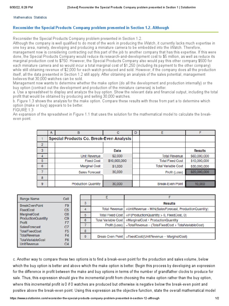 Reconsider The Special Products Company Problem Presented in Section 1.2. Although | PDF ...