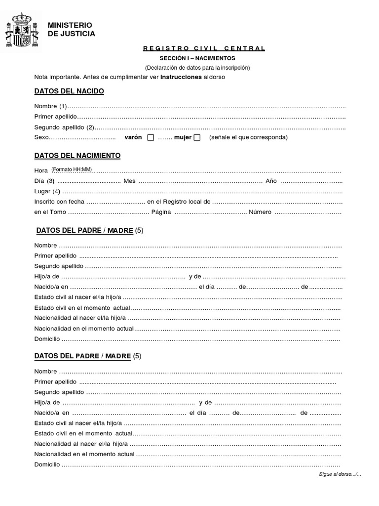 Hoja Declaratoria de Datos Nacimiento | PDF