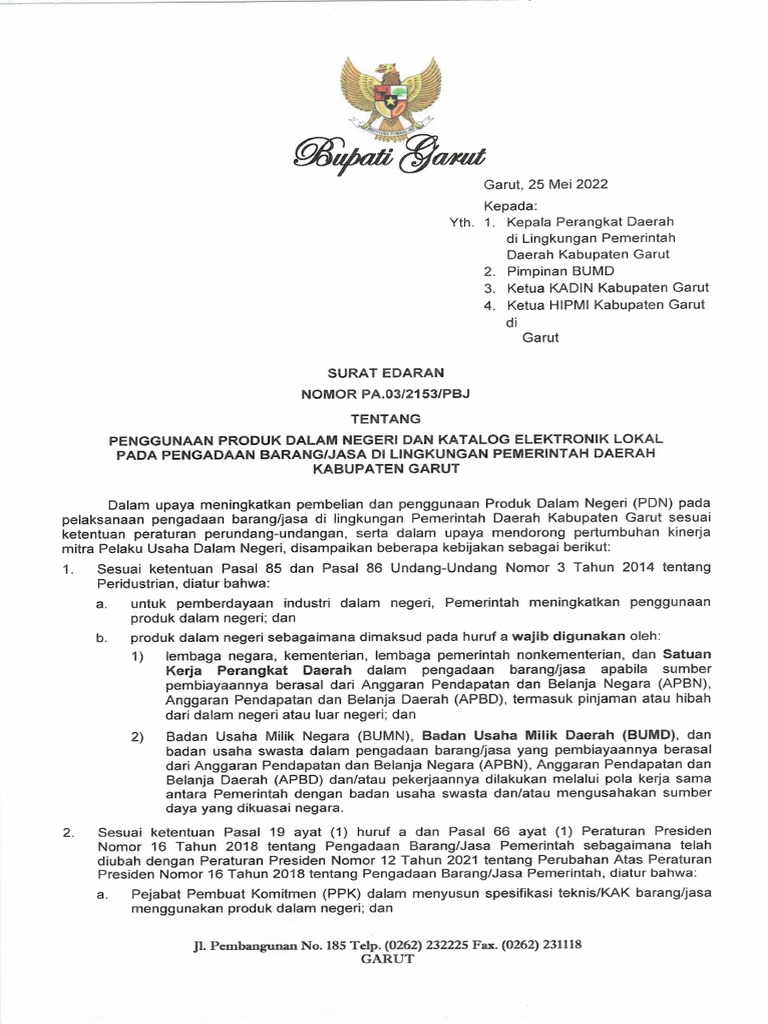 Surat Edaran Bupati Garut - Penggunaan PDN Dan Katalog Elektronik Lokal ...